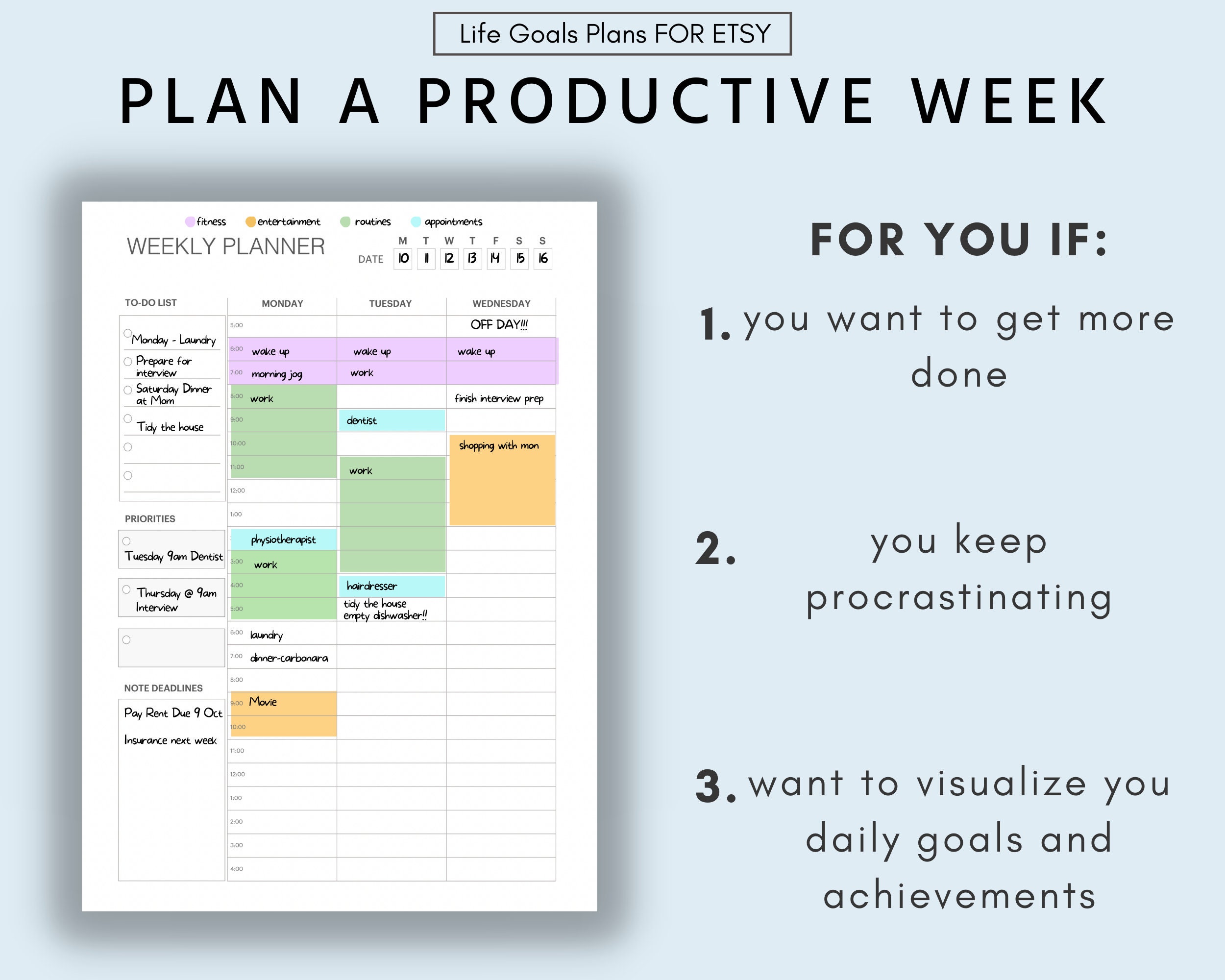 Weekly Planner, WO2P, Hourly Planner, Printable Planner on 2 Pages ...