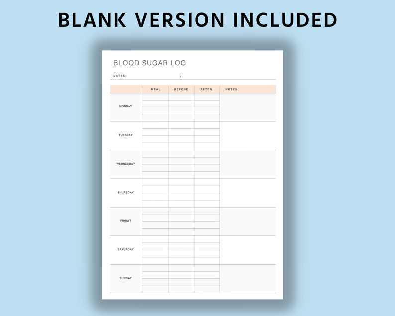 Blood Sugar Log Printable Pdf instant Download in Different Sizes - Etsy