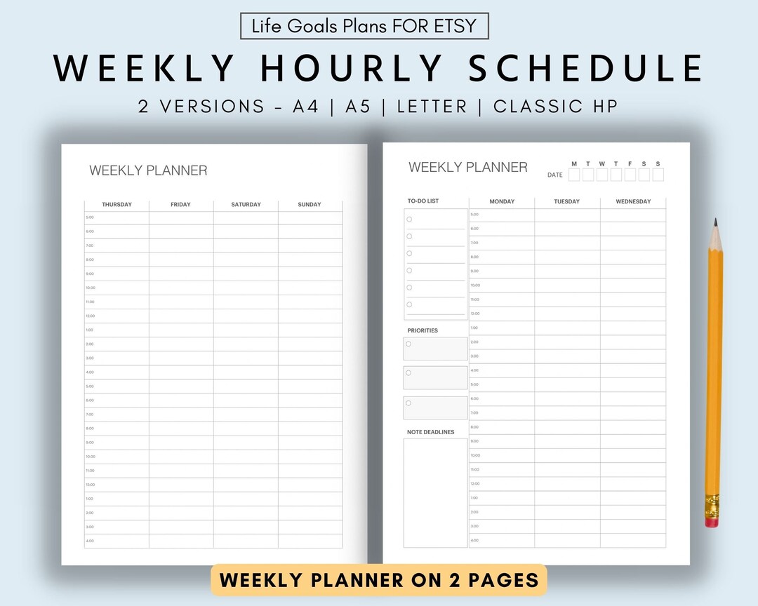 Weekly Planner, WO2P, Hourly Planner, Printable Planner on 2 Pages ...
