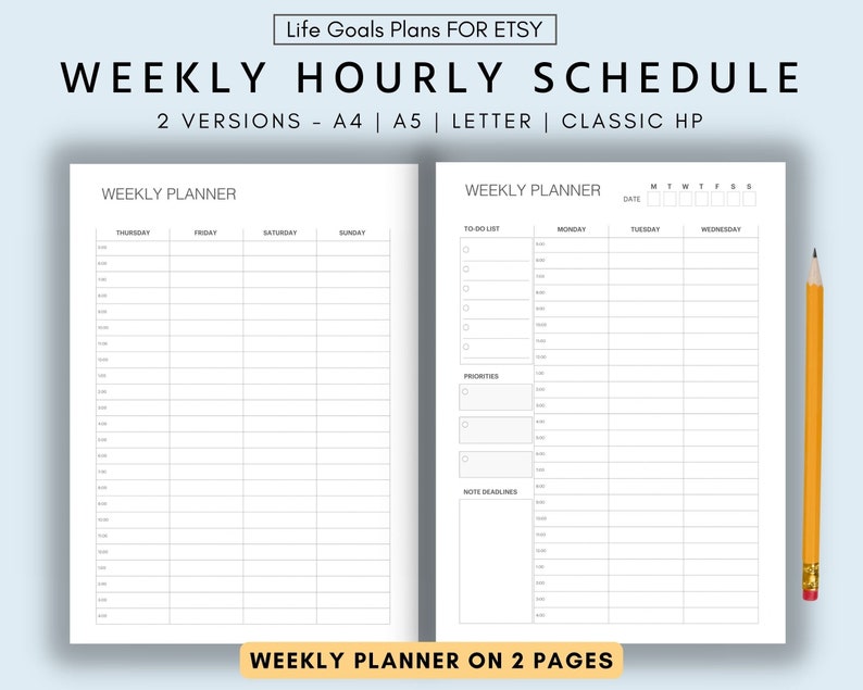 Weekly Planner, WO2P, Hourly Planner, Printable Planner on 2 Pages ...