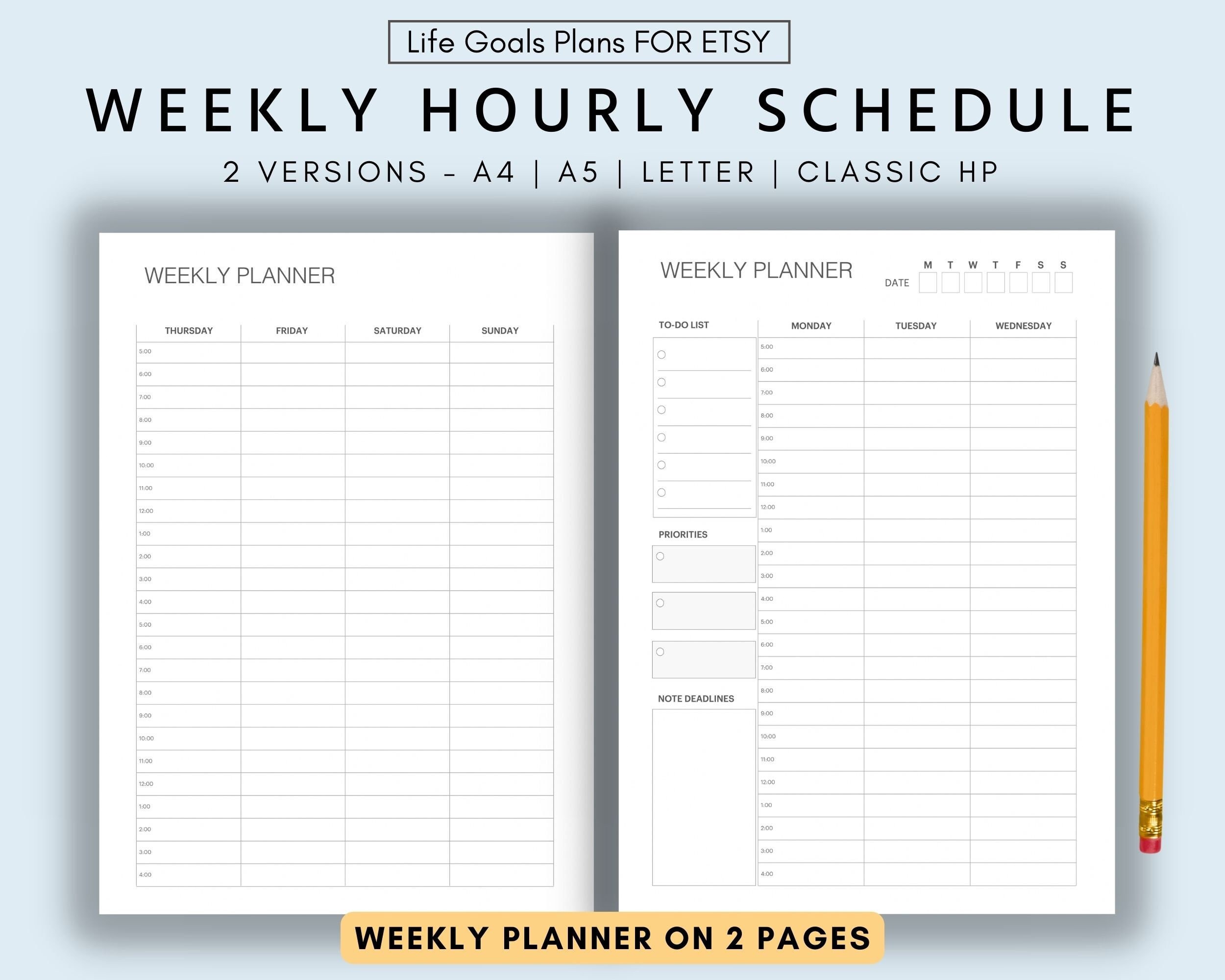 Weekly Planner, WO2P, Hourly Planner, Printable Planner on 2 Pages ...