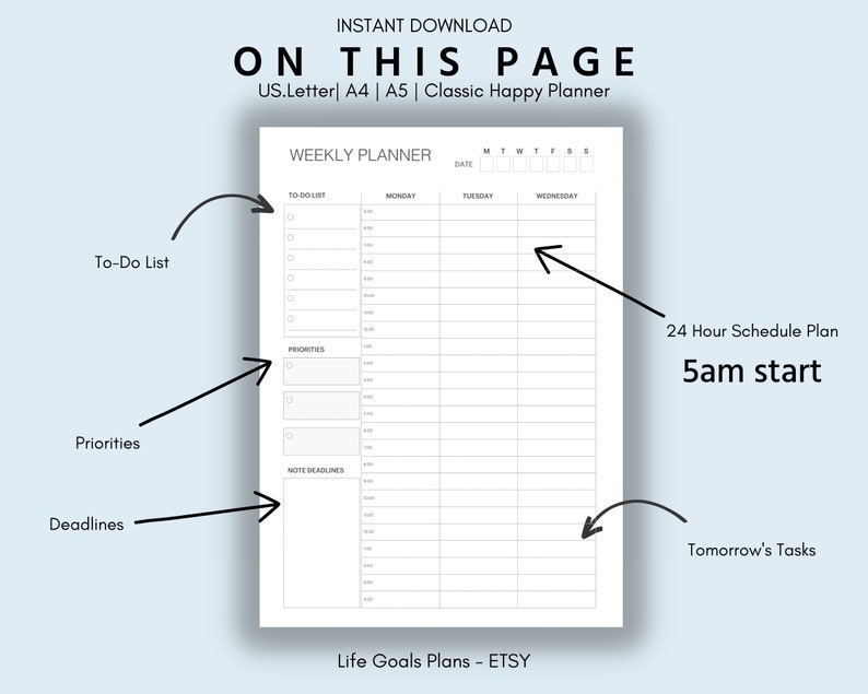 Weekly Planner, WO2P, Hourly Planner, Printable Planner on 2 Pages ...