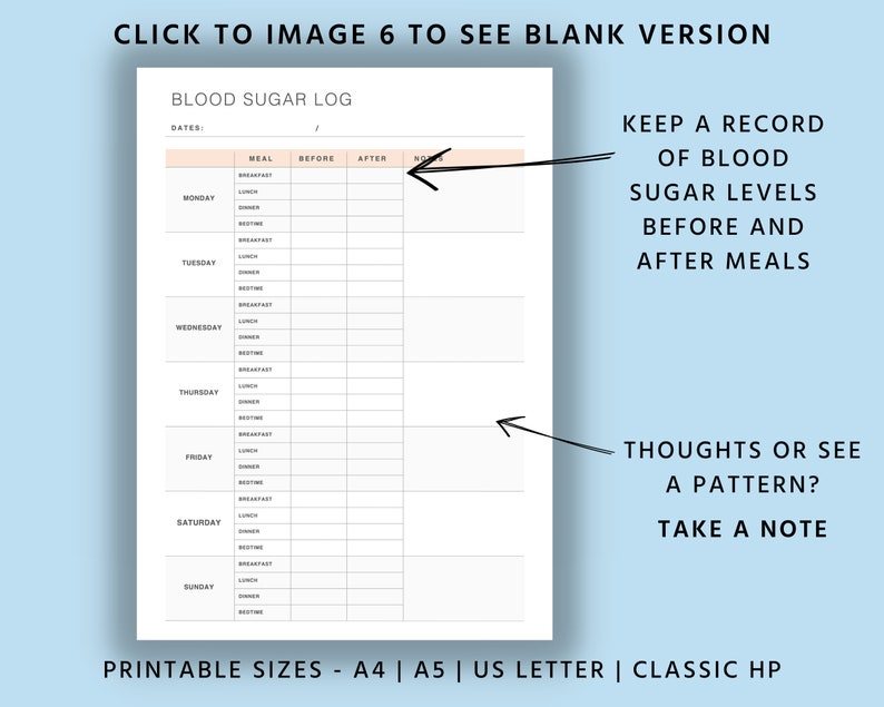 Blood Sugar Log Printable Pdf instant Download in Different Sizes - Etsy