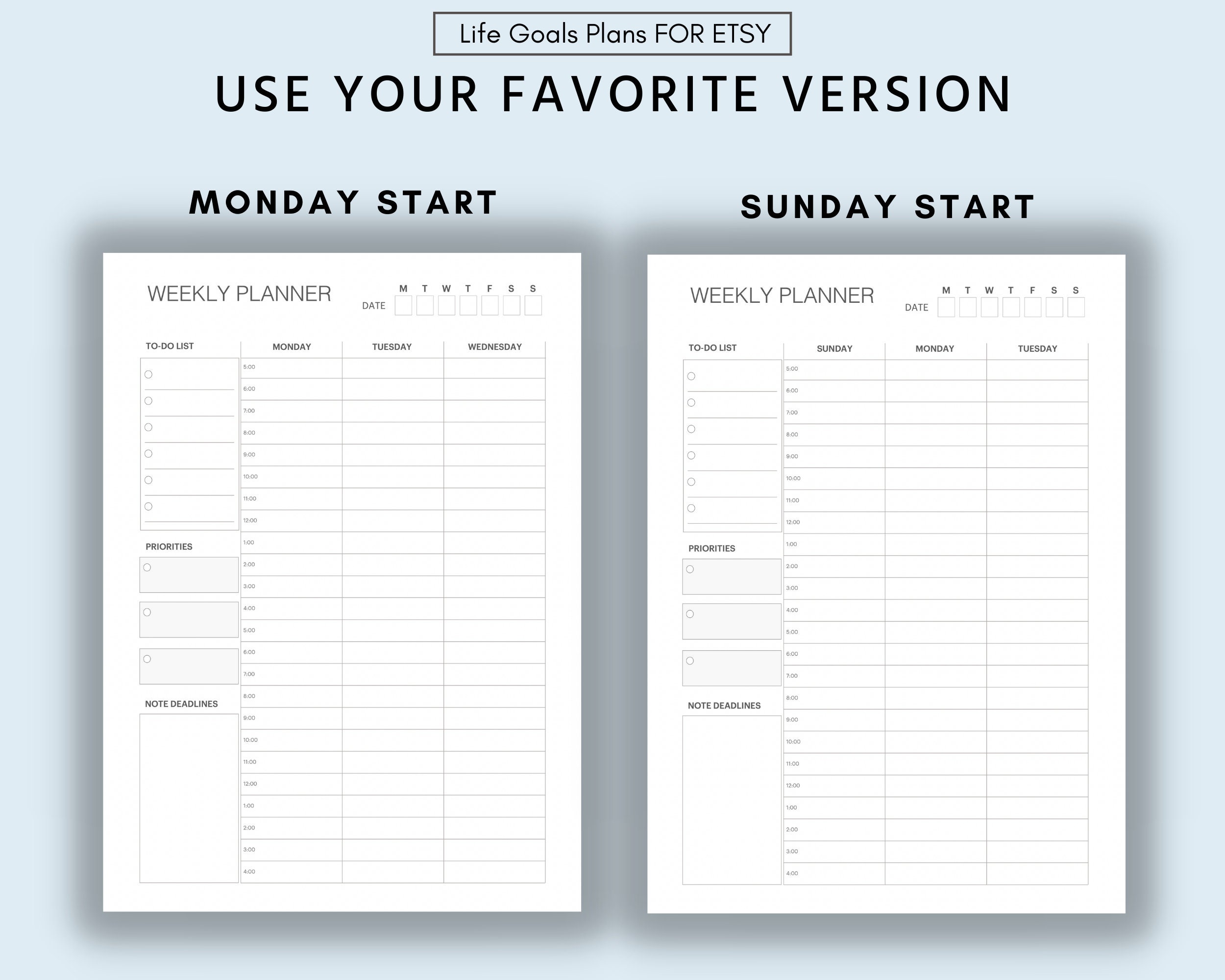 Weekly Planner, WO2P, Hourly Planner, Printable Planner on 2 Pages ...