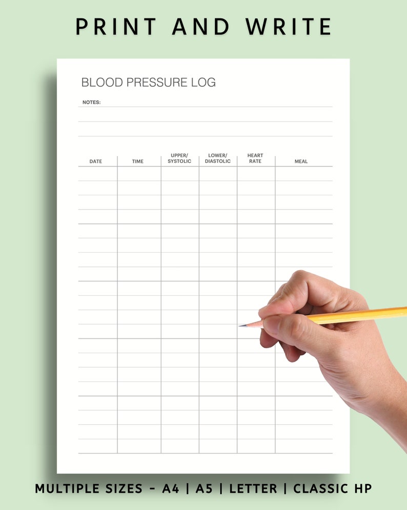 Blood Pressure Log, Blood Pressure Printable Pdf, Daily Blood Pressure ...