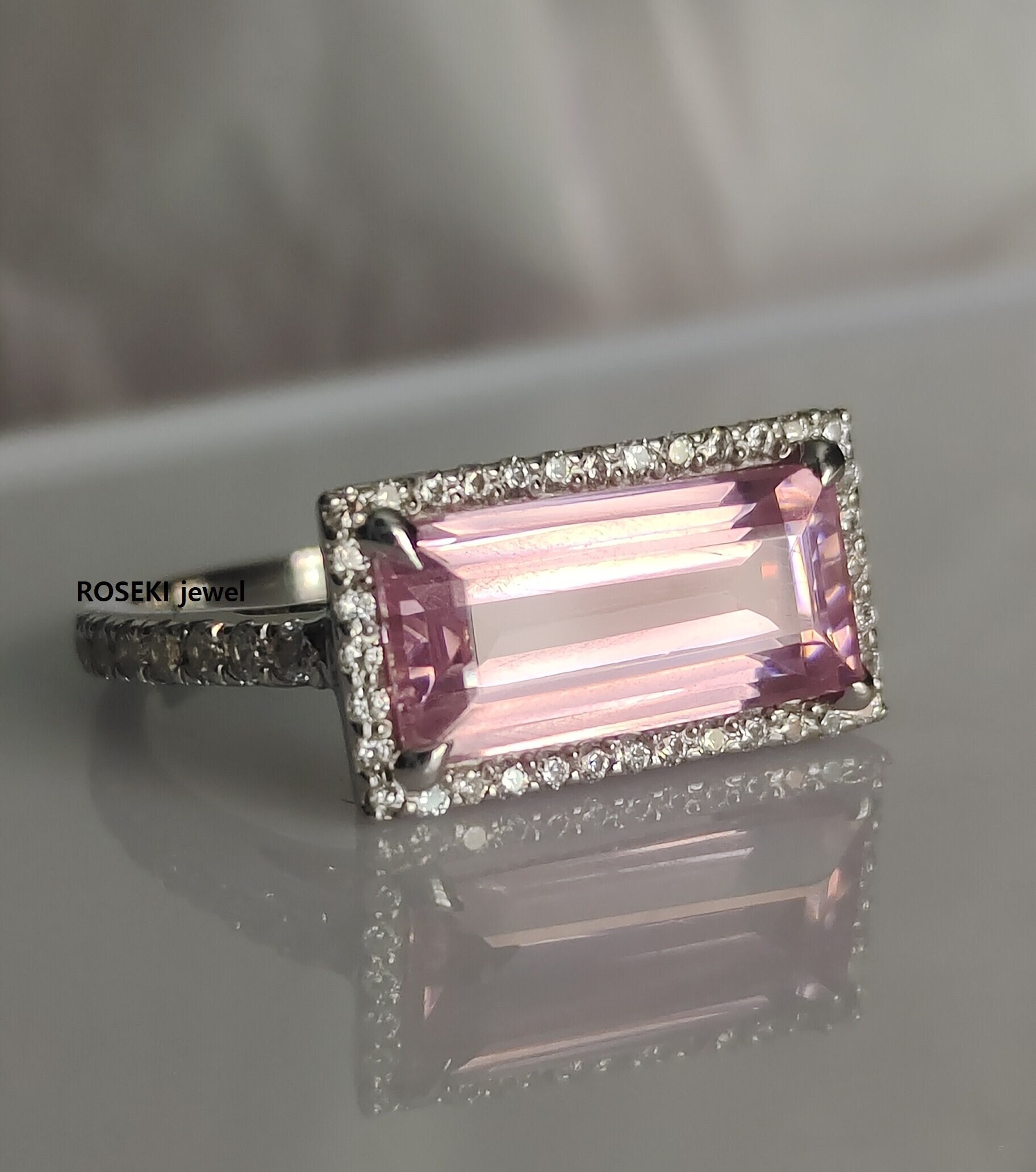East West Pink Diamond Engagement Ring/14k White Gold Antique Halo ...