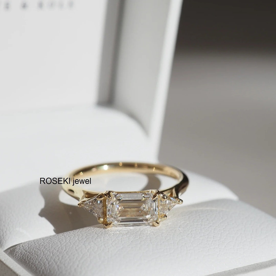 East West Emerald Cut Moissanite Ring/three Stone East West Engagement ...