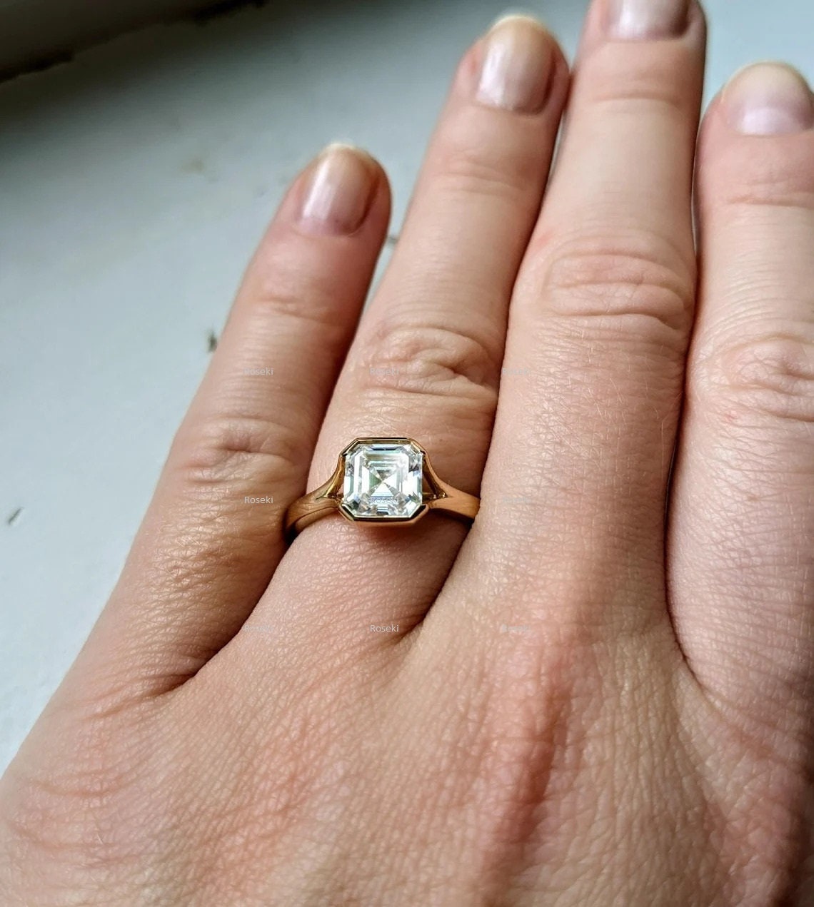 Asscher Cut Diamond Half Bezel Set Ring/split Shank Ring/unique Wedding ...