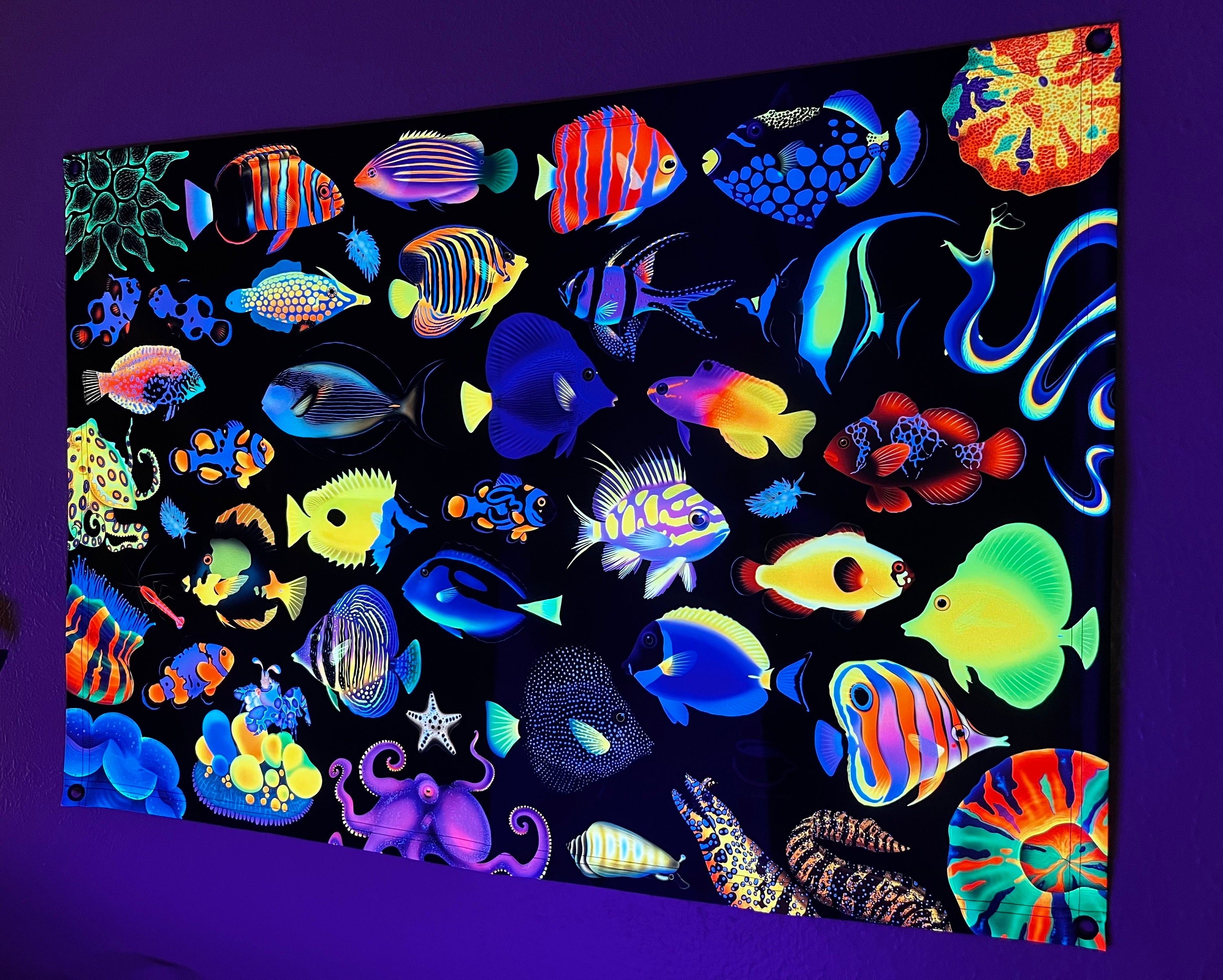 36x24” Reef Fish UV Blacklight Reactive Tapestry/ Reef Art/ Aquarium ...