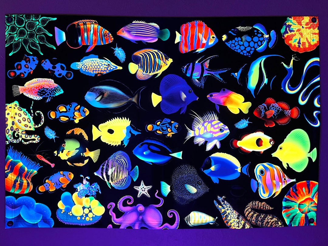 36x24” Reef Fish UV Blacklight Reactive Tapestry/ Reef Art/ Aquarium ...