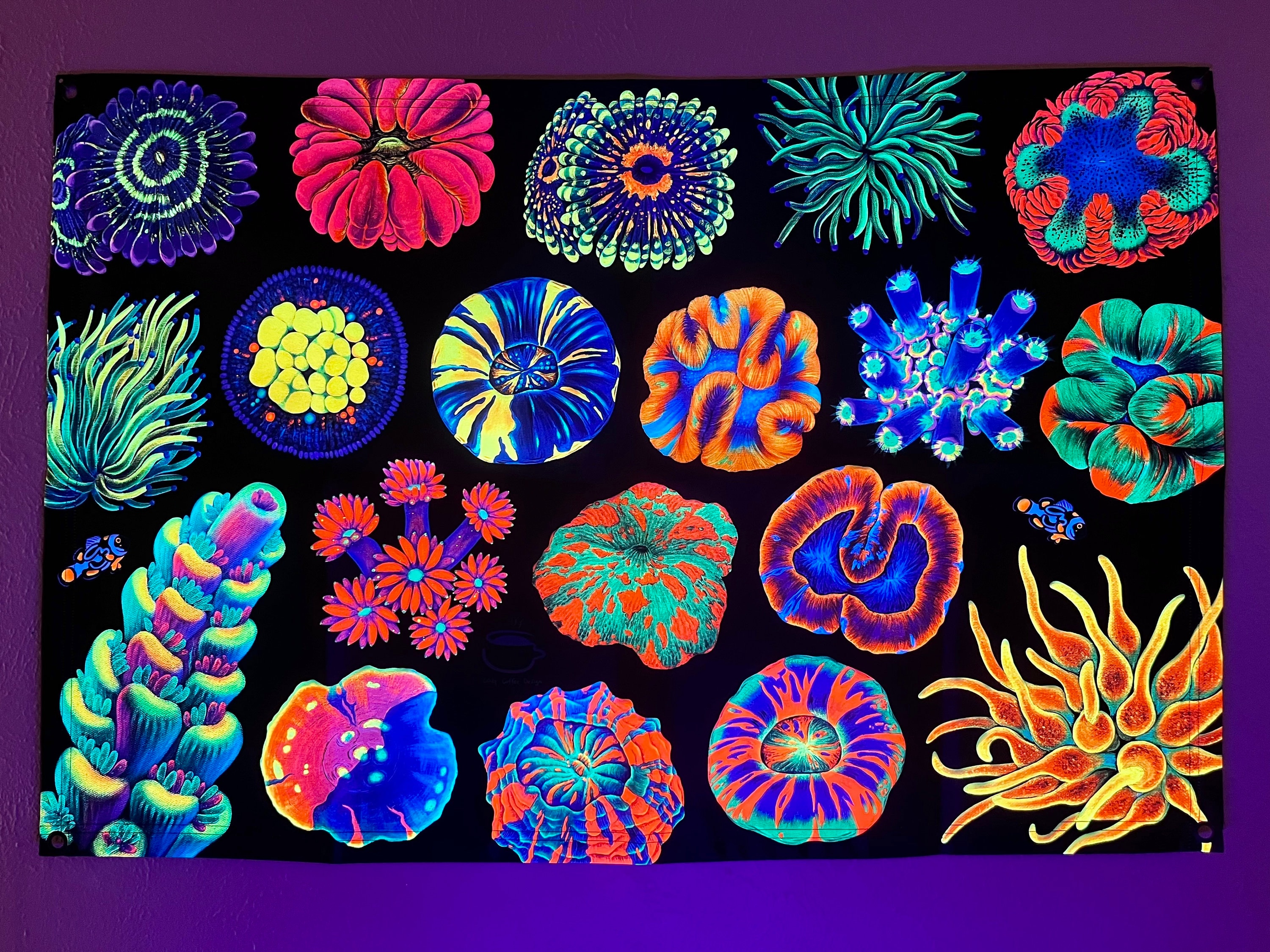 36x24” Coral Reef UV Blacklight Reactive Tapestry/ Reef Art/ Aquarium ...