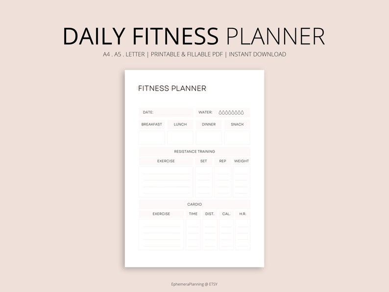 Daily Fitness Planner Printable, Daily Meal Planner, Digital Workout ...