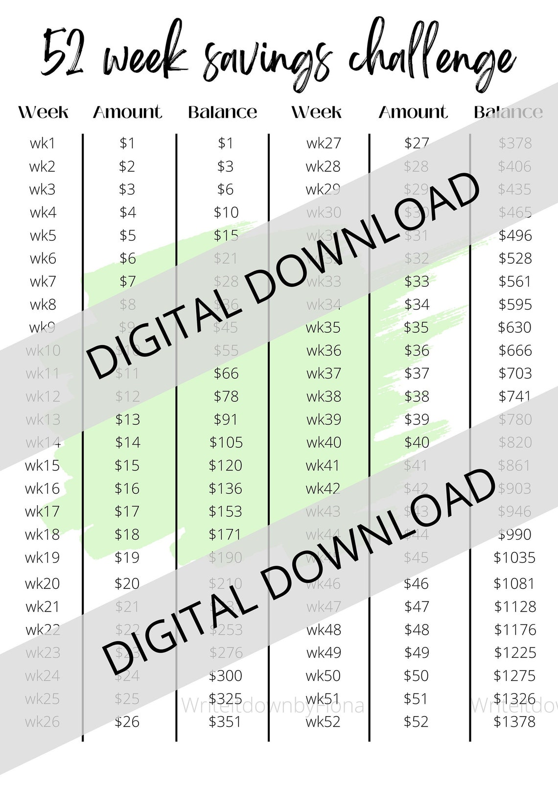 52 Week Savings Challenge Printable - Etsy
