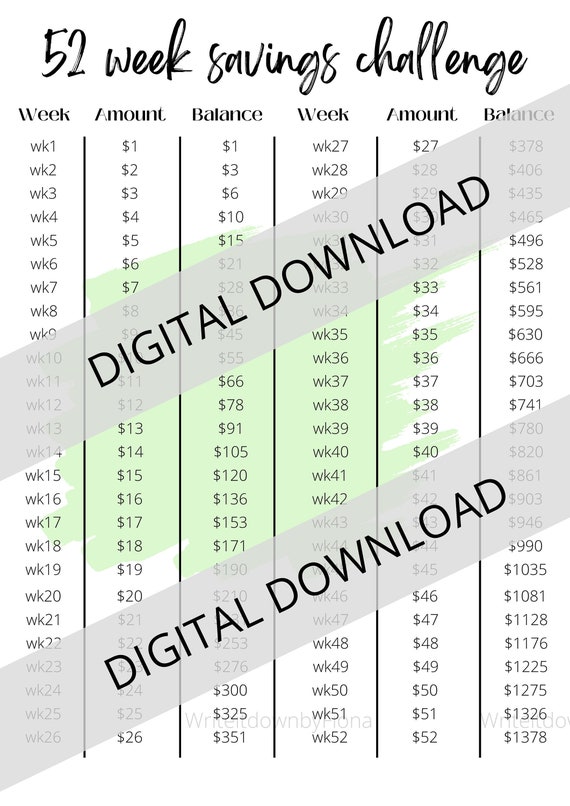 52 Week Savings Challenge Printable - Etsy