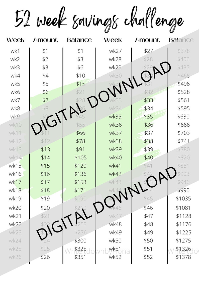 52 Week Savings Challenge Printable - Etsy