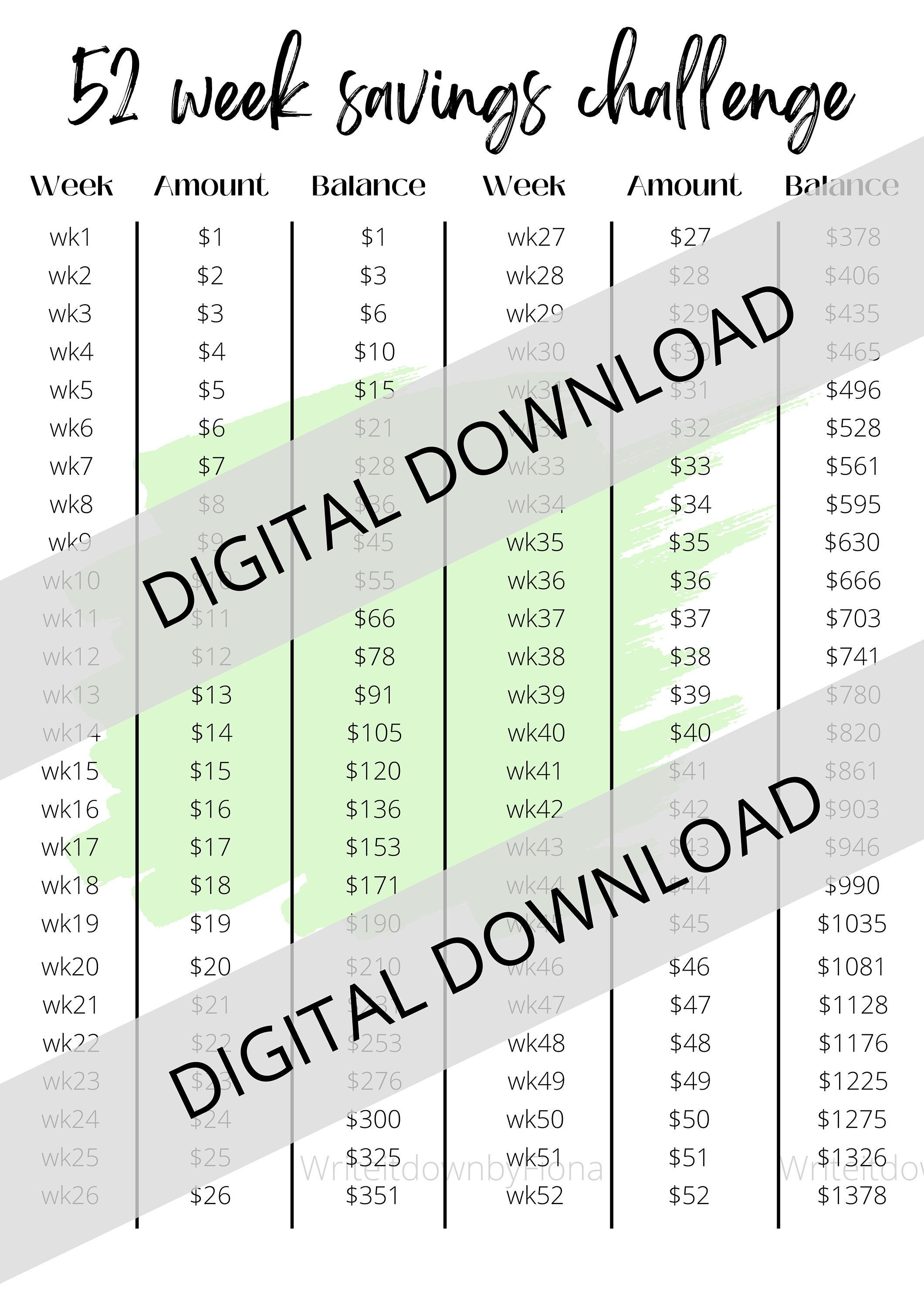52 Week Savings Challenge Printable - Etsy