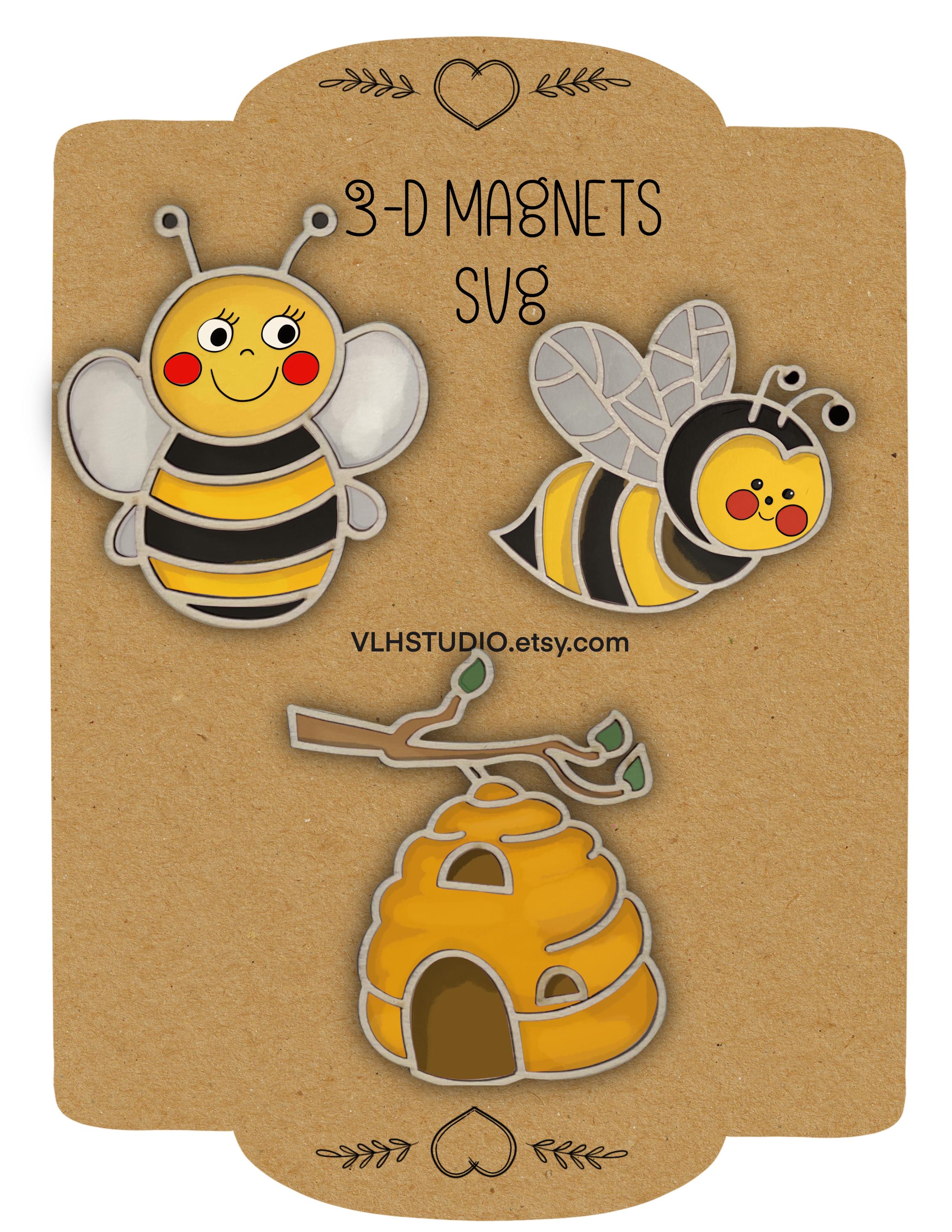 3D Bee Magnet SVG Set – Cute Bumble Bees and Beehive – Layered Laser ...