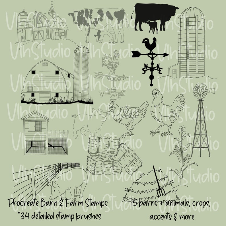 34 Procreate Stamp Brush Set. Barn, Farmhouse, Set for Procreate ...