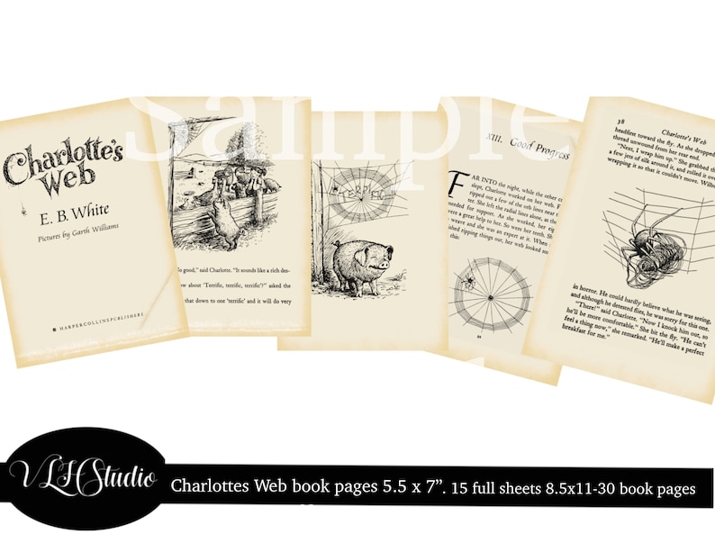 Vintage Book Pages Charlottes Web. Digital Collage Full Sheets. Book ...
