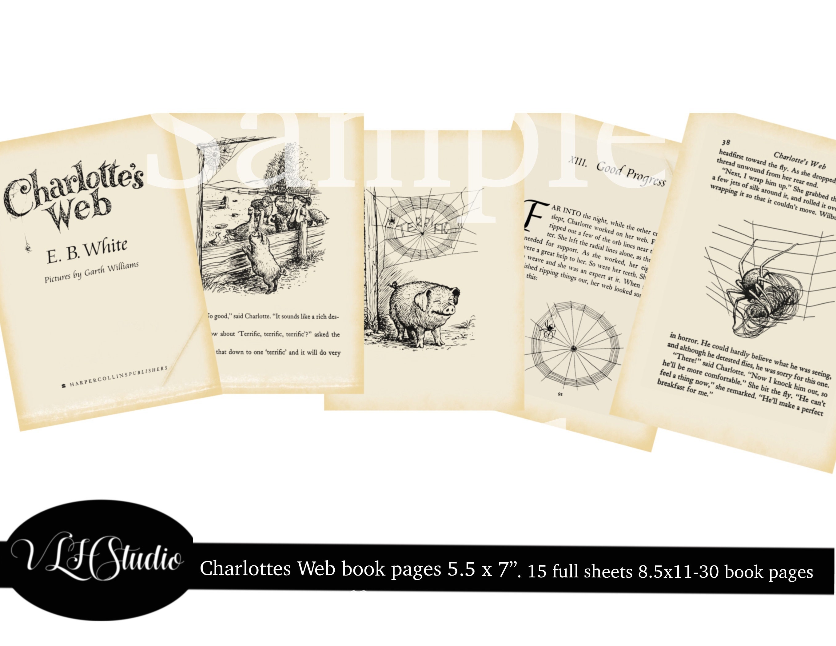 Vintage Book Pages Charlottes Web. Digital Collage Full Sheets. Book ...