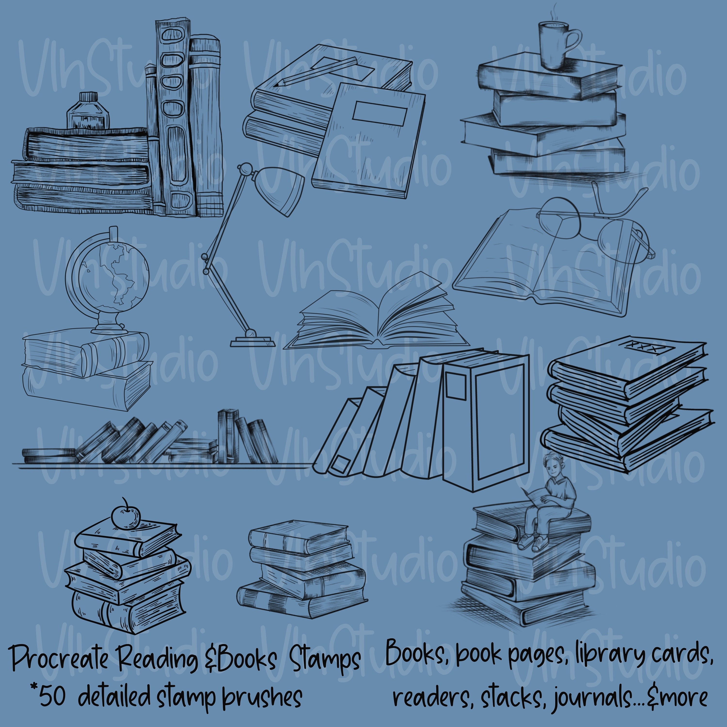 50 Books, Reading & Library Stamp Brush Set for Procreate . Beautiful ...
