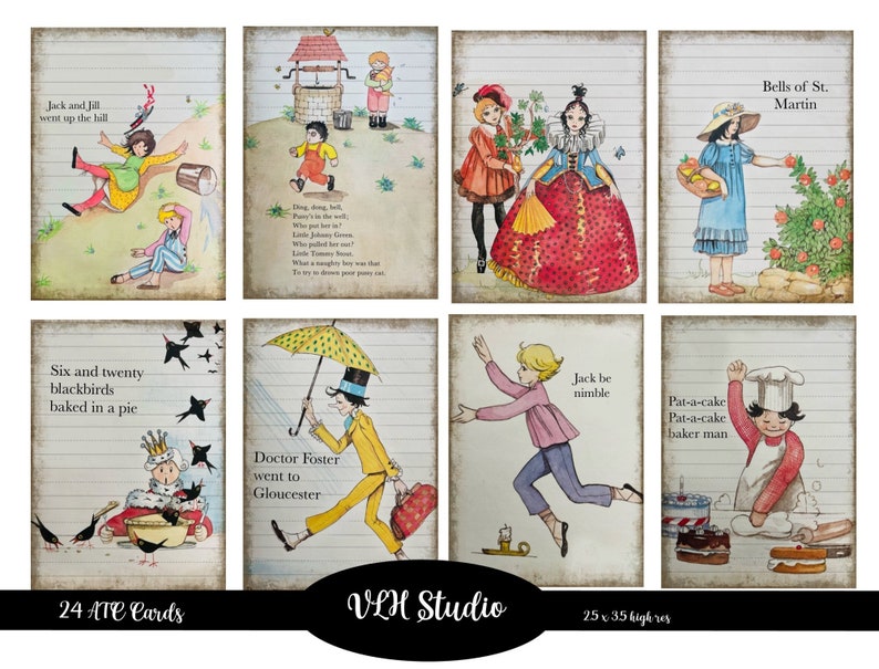 24 Nursery Rhymes Vintage Childrens Books Digital ATC Cards Junk ...