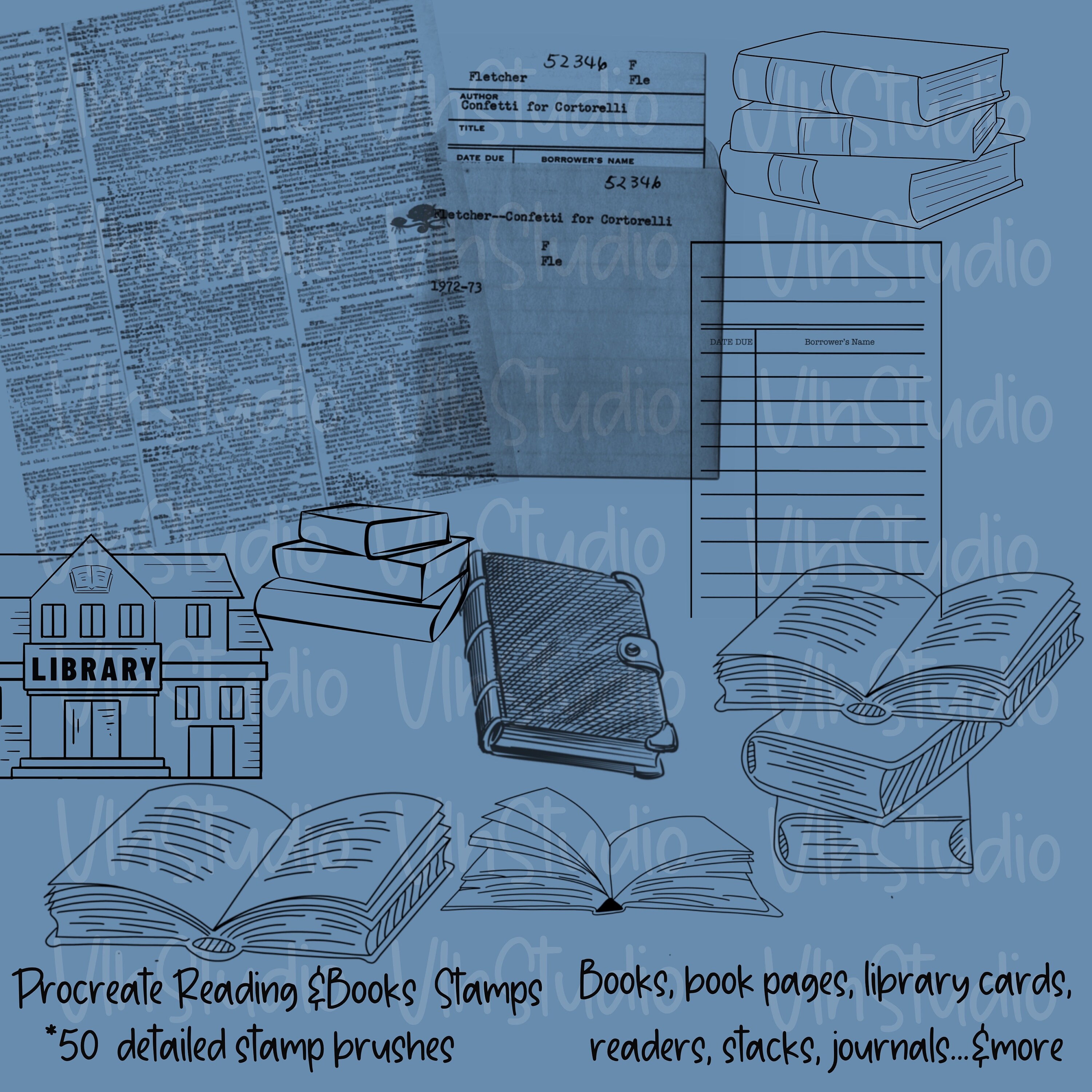 50 Books, Reading & Library Stamp Brush Set for Procreate . Beautiful ...