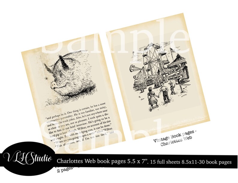 Vintage Book Pages Charlottes Web. Digital Collage Full Sheets. Book ...