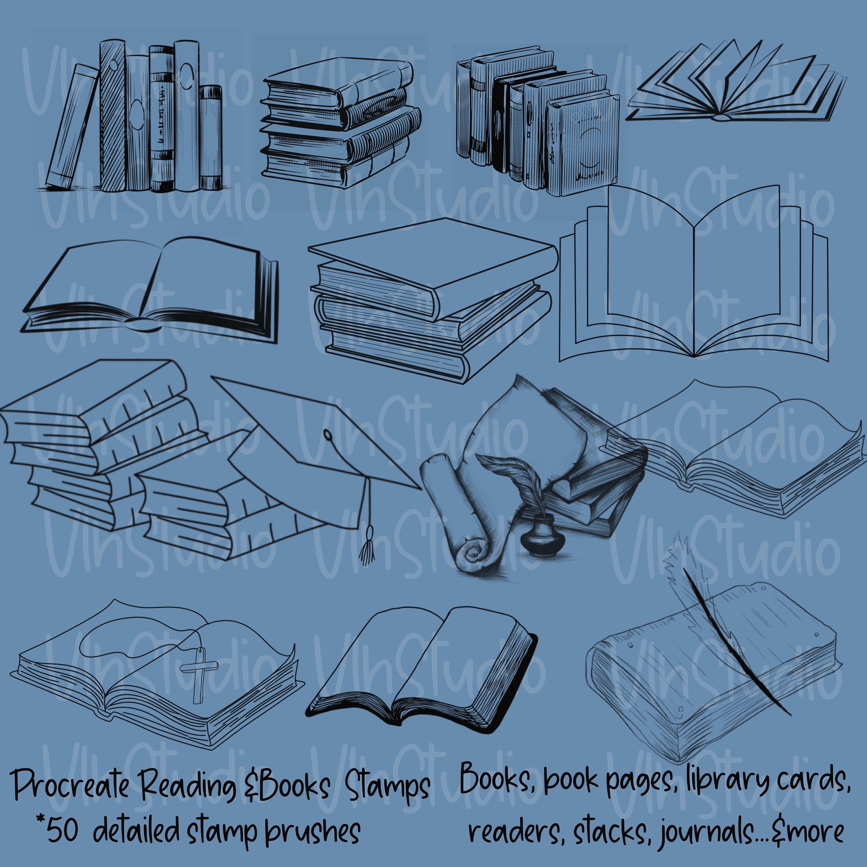 50 Books, Reading & Library Stamp Brush Set for Procreate . Beautiful ...