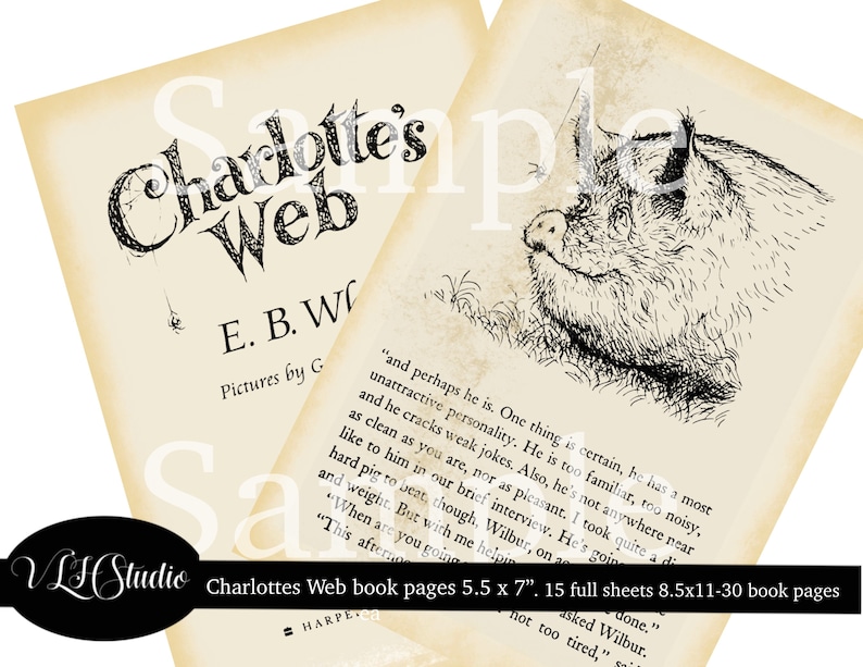 Vintage Book Pages Charlottes Web. Digital Collage Full Sheets. Book ...