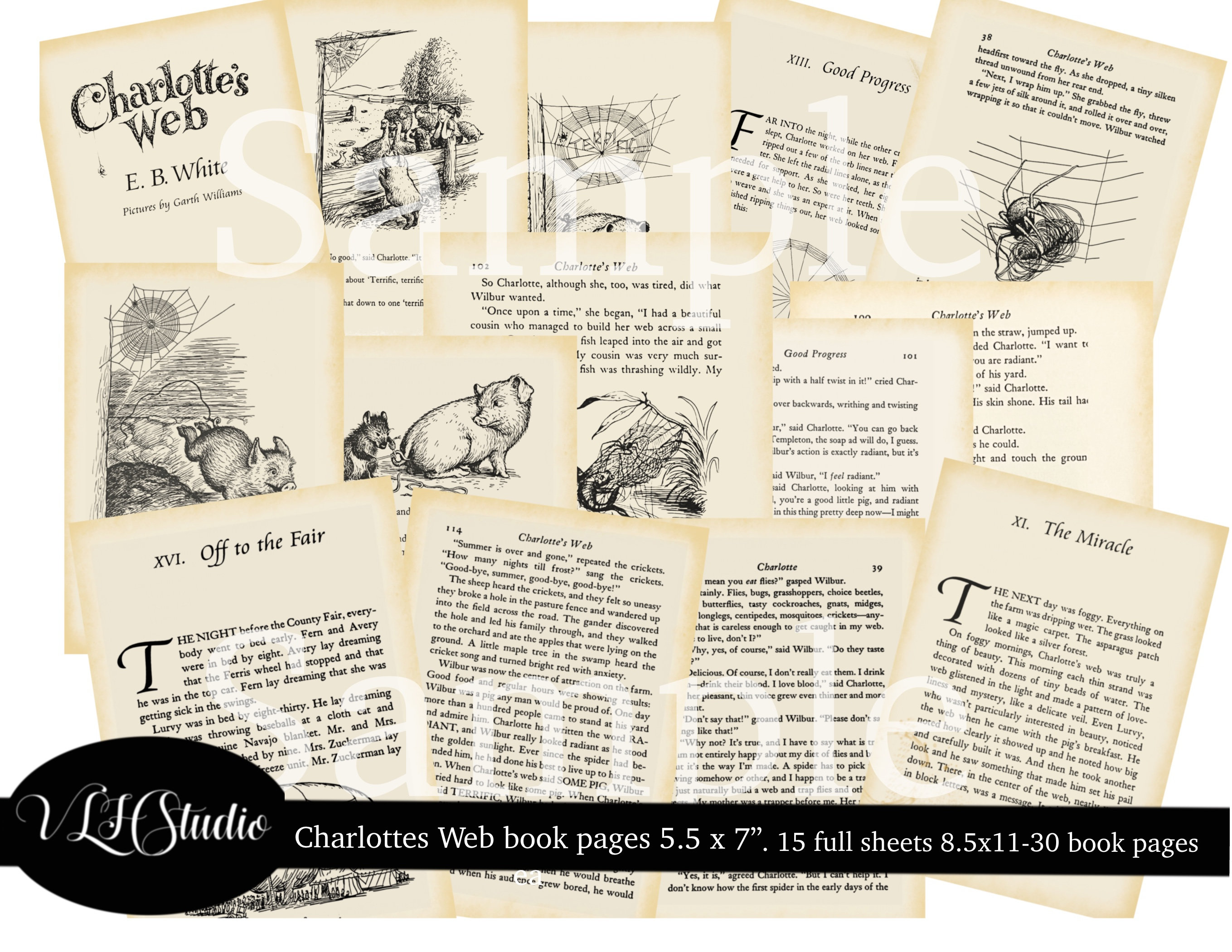 Vintage Book Pages Charlottes Web. Digital Collage Full Sheets. Book ...