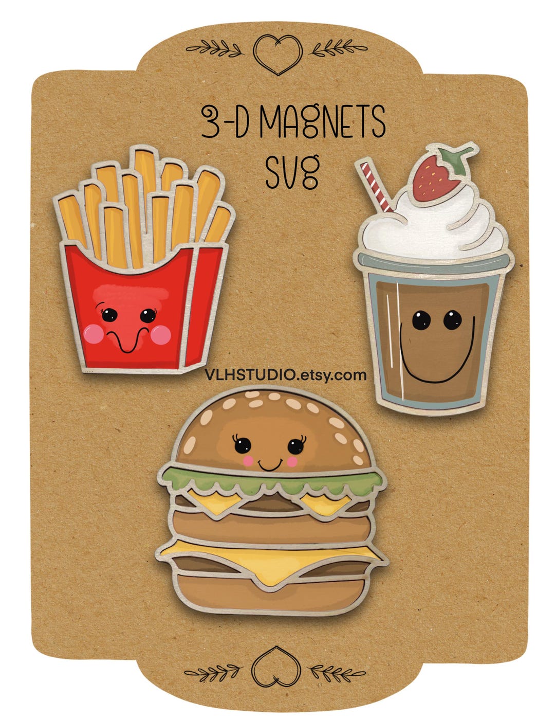 3D Burger Meal Magnet SVG Set Cute Burger, Fries & Milkshake Layered ...