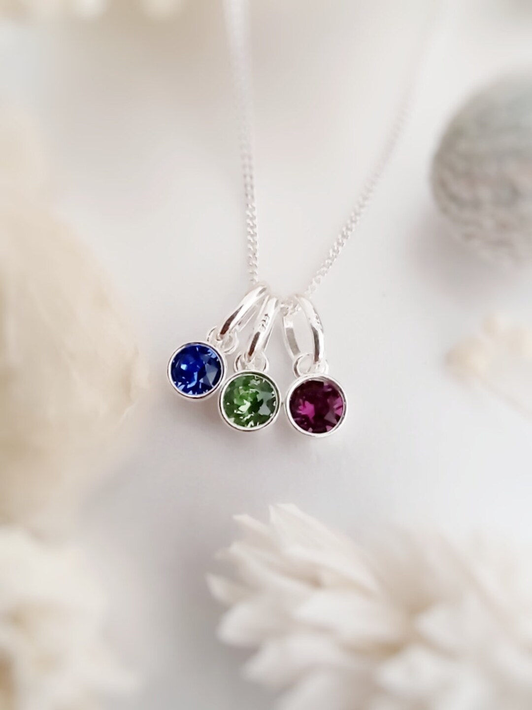 Sterling Silver Multiple Birthstone Necklace: Personalized Family Charm ...