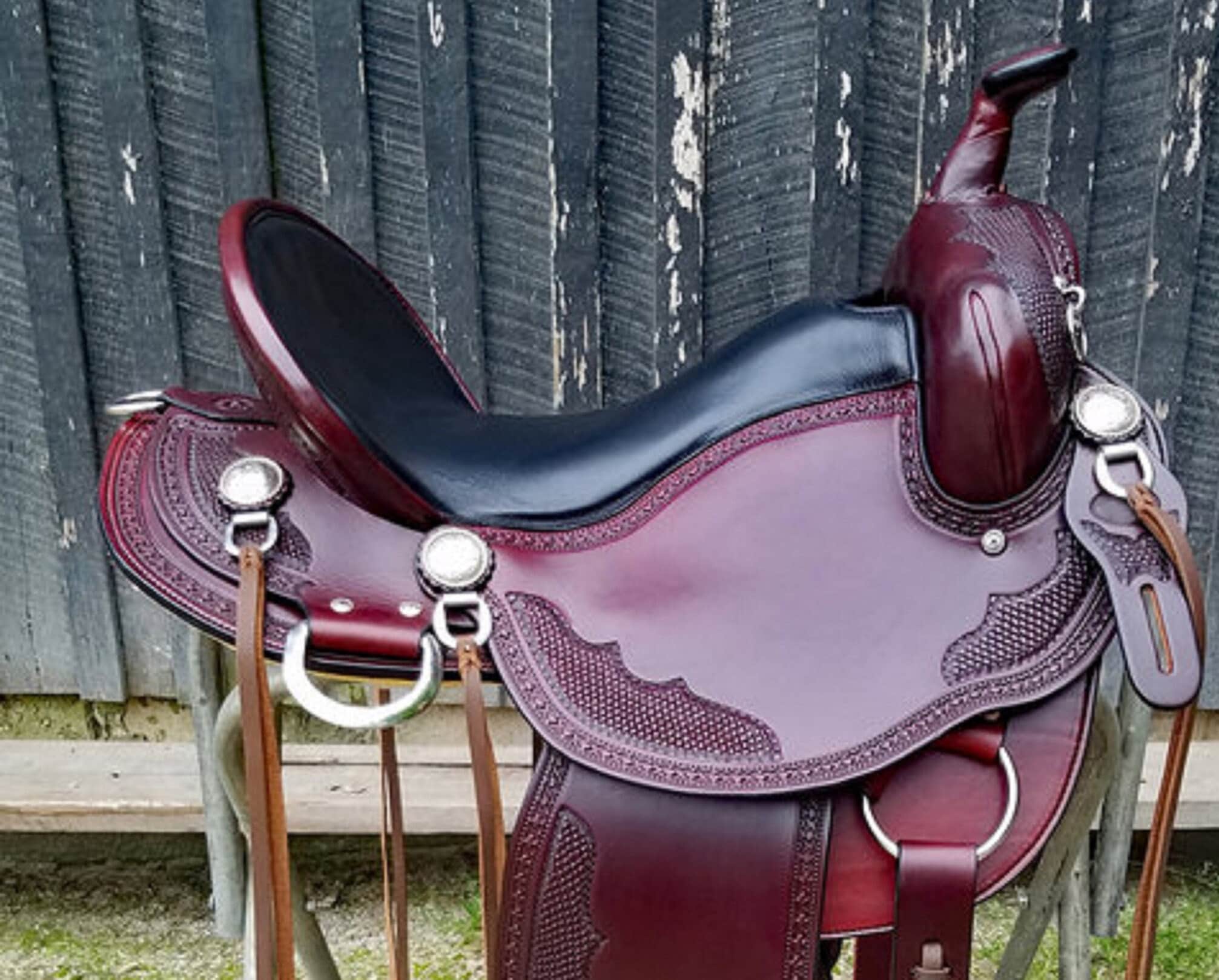 Handmade'' Western Saddle Dark Maroon Color Black Seat Tooled Leather ...