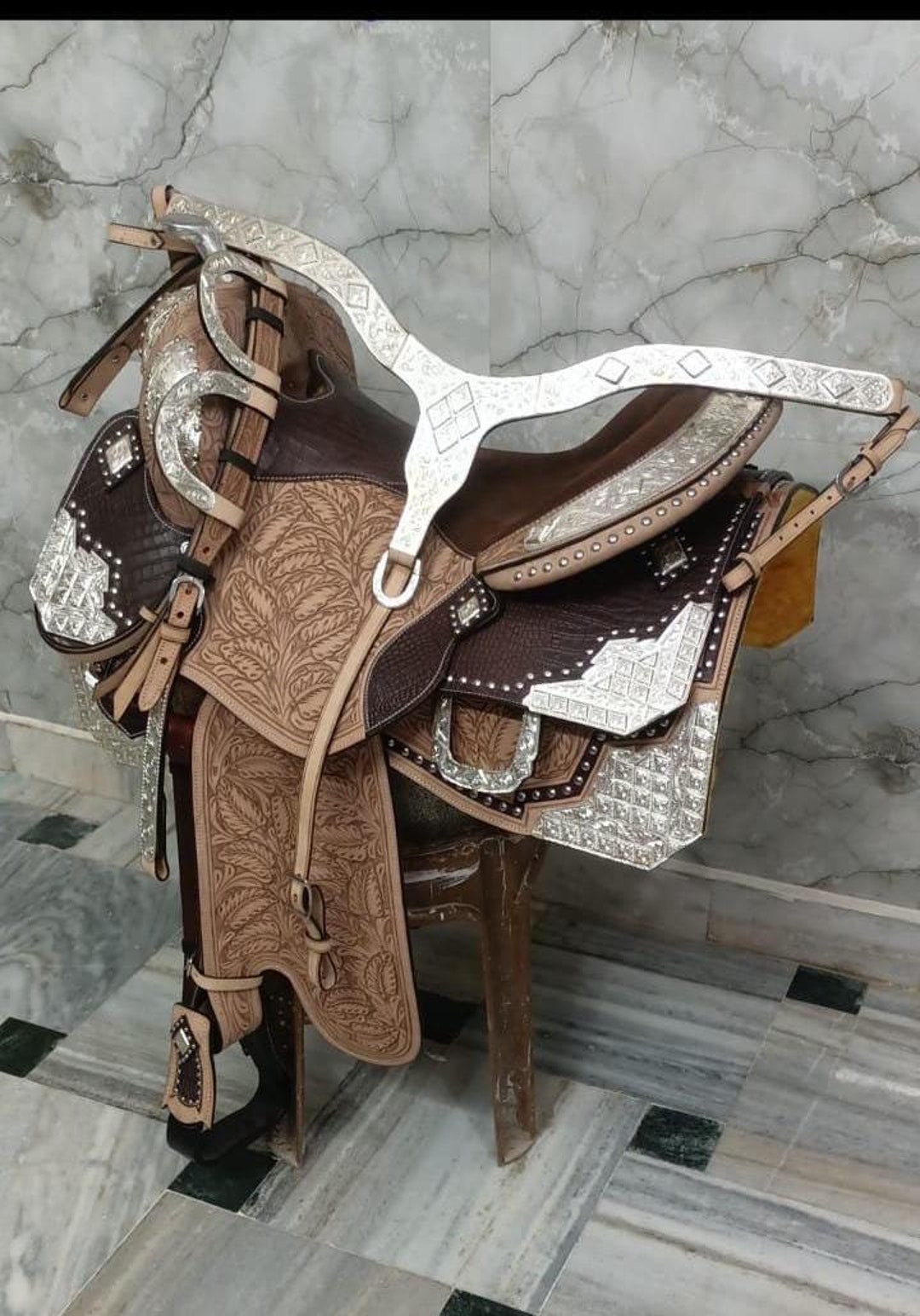 Handmade Western Show Horse Saddle, 16'' Natural Leather, Silver ...