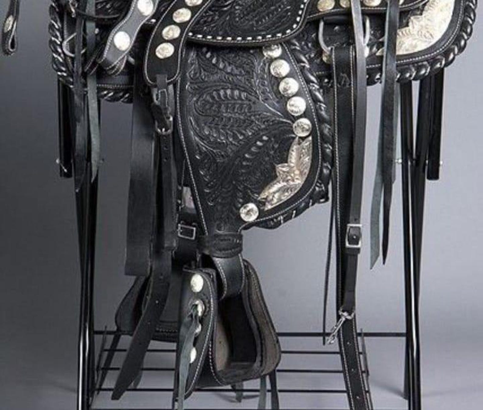 Handmade'' Western Show Saddle Black Leather Floral Carving Silver Trim ...
