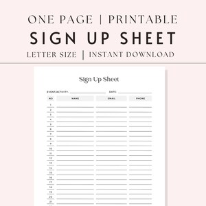 Sign up Sheet, Printable Sign up Sheet, Sign up Sheet Pdf - Etsy