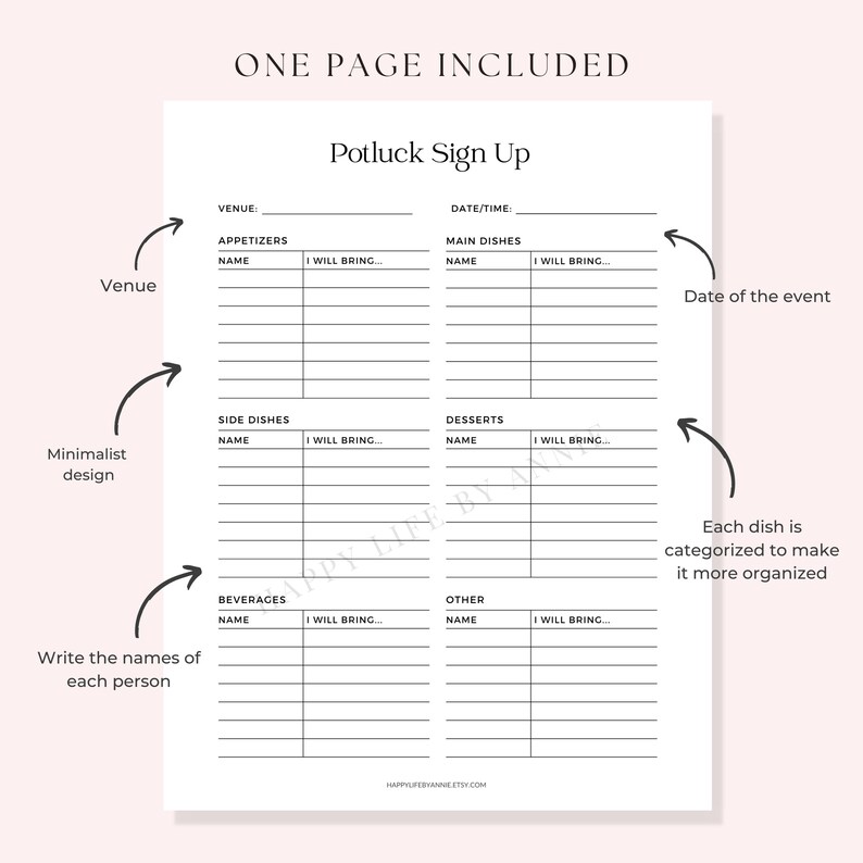 Potluck Sign up Sheet, Potluck Template, Thanksgiving Potluck, Food ...