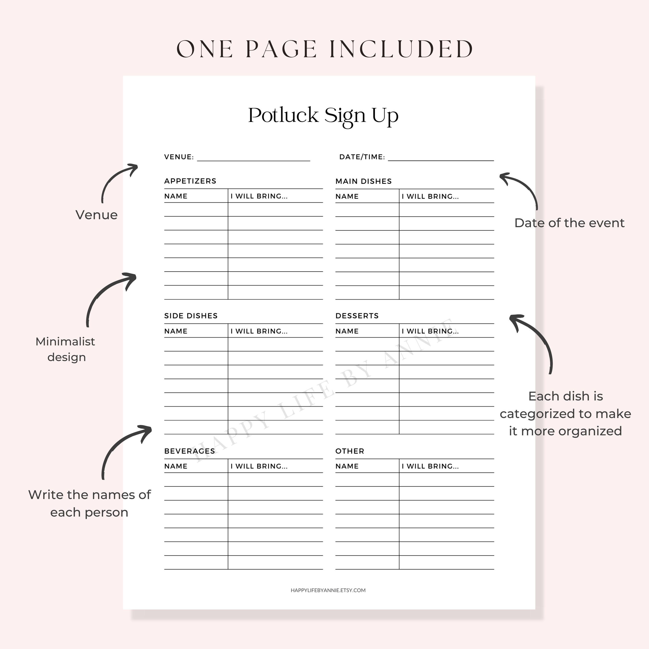 Potluck Sign up Sheet, Potluck Template, Thanksgiving Potluck, Food ...