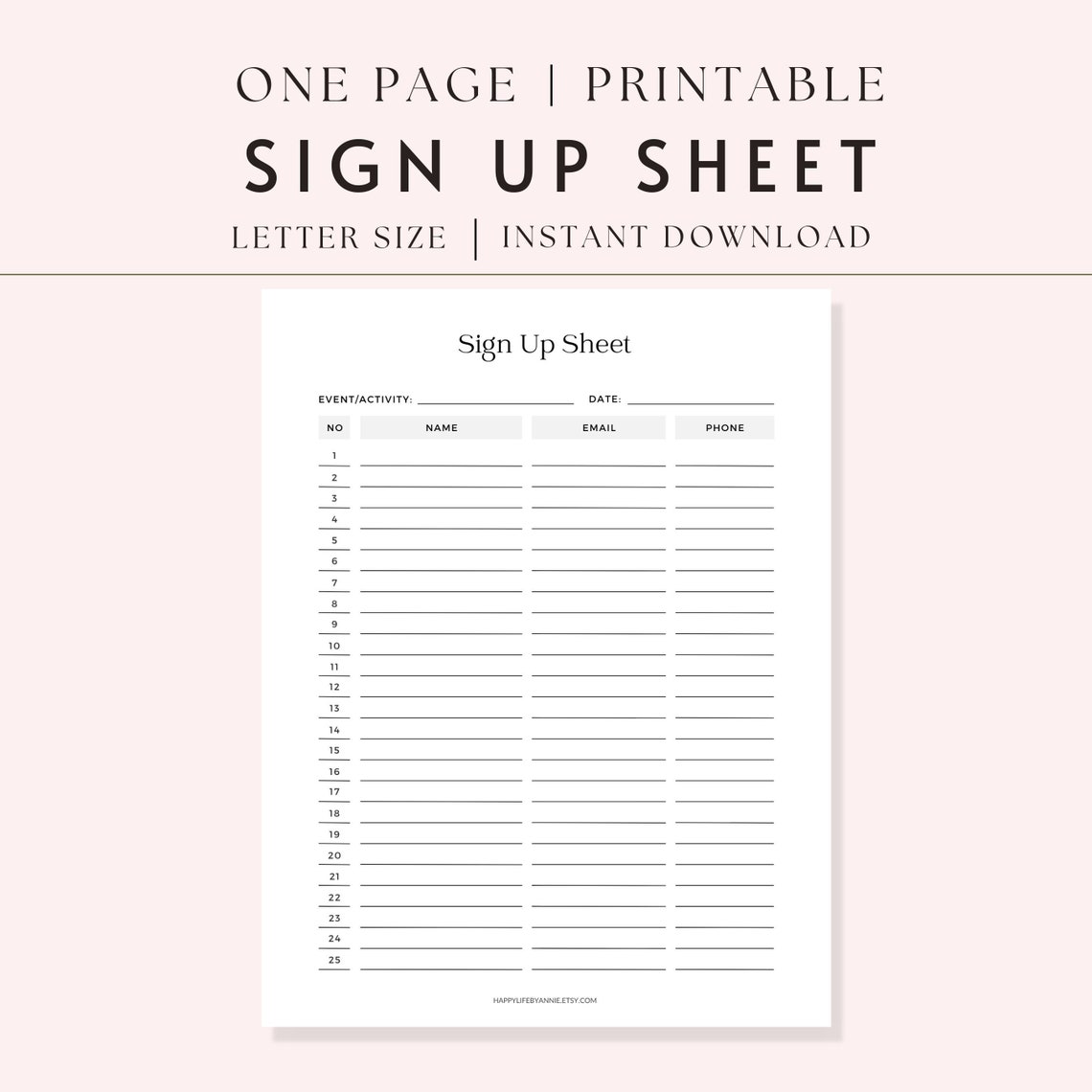 Sign up Sheet, Printable Sign up Sheet, Sign up Sheet Pdf - Etsy