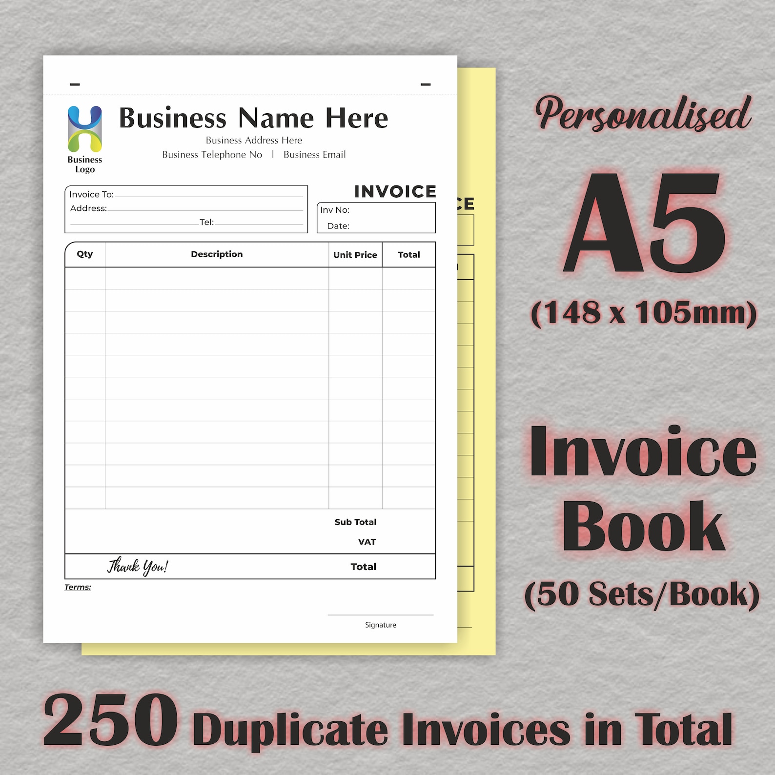 5 X A5 Personalised Duplicate Invoice Books / Bill Books / NCR Pads ...