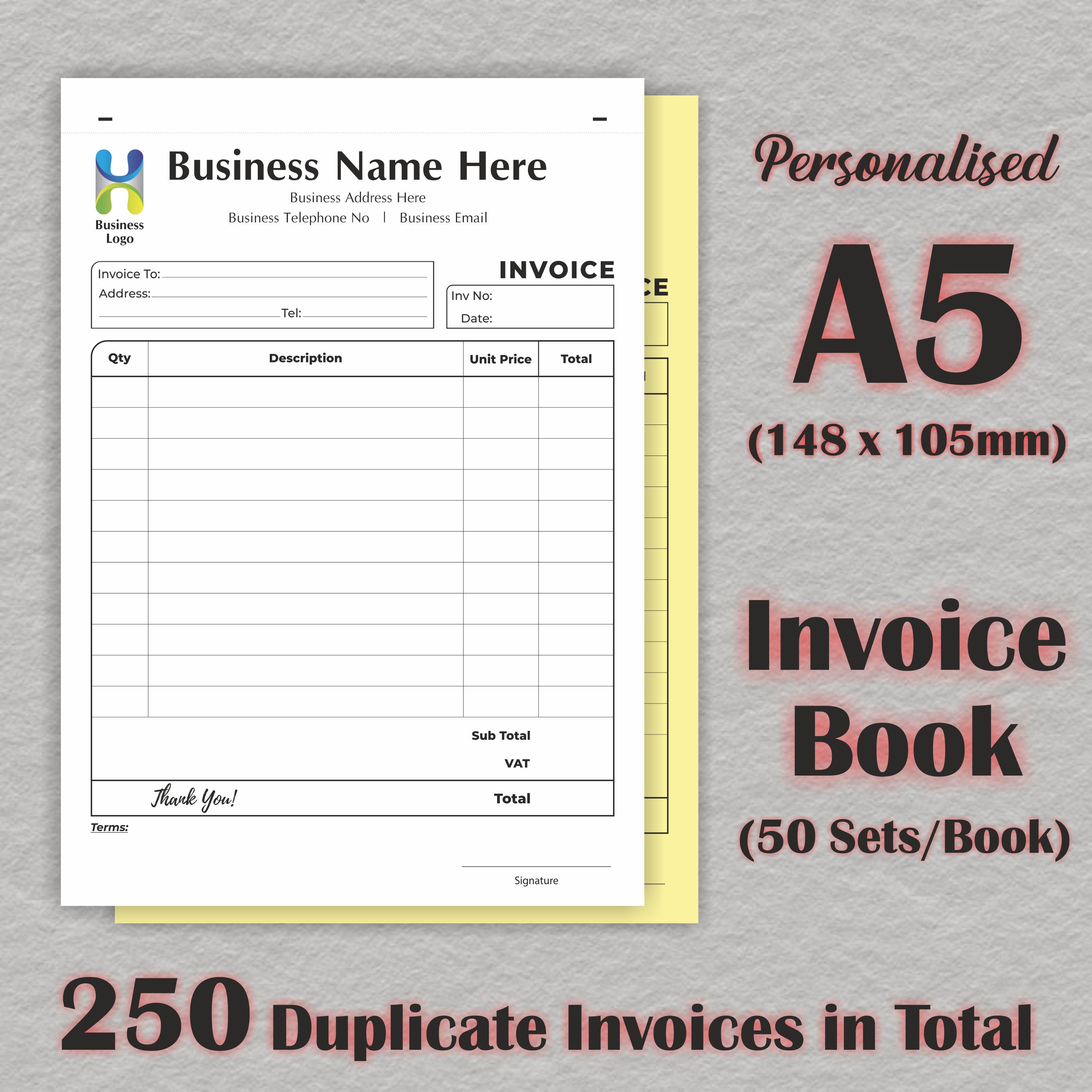 5 X A5 Personalised Duplicate Invoice Books / Bill Books / NCR Pads ...