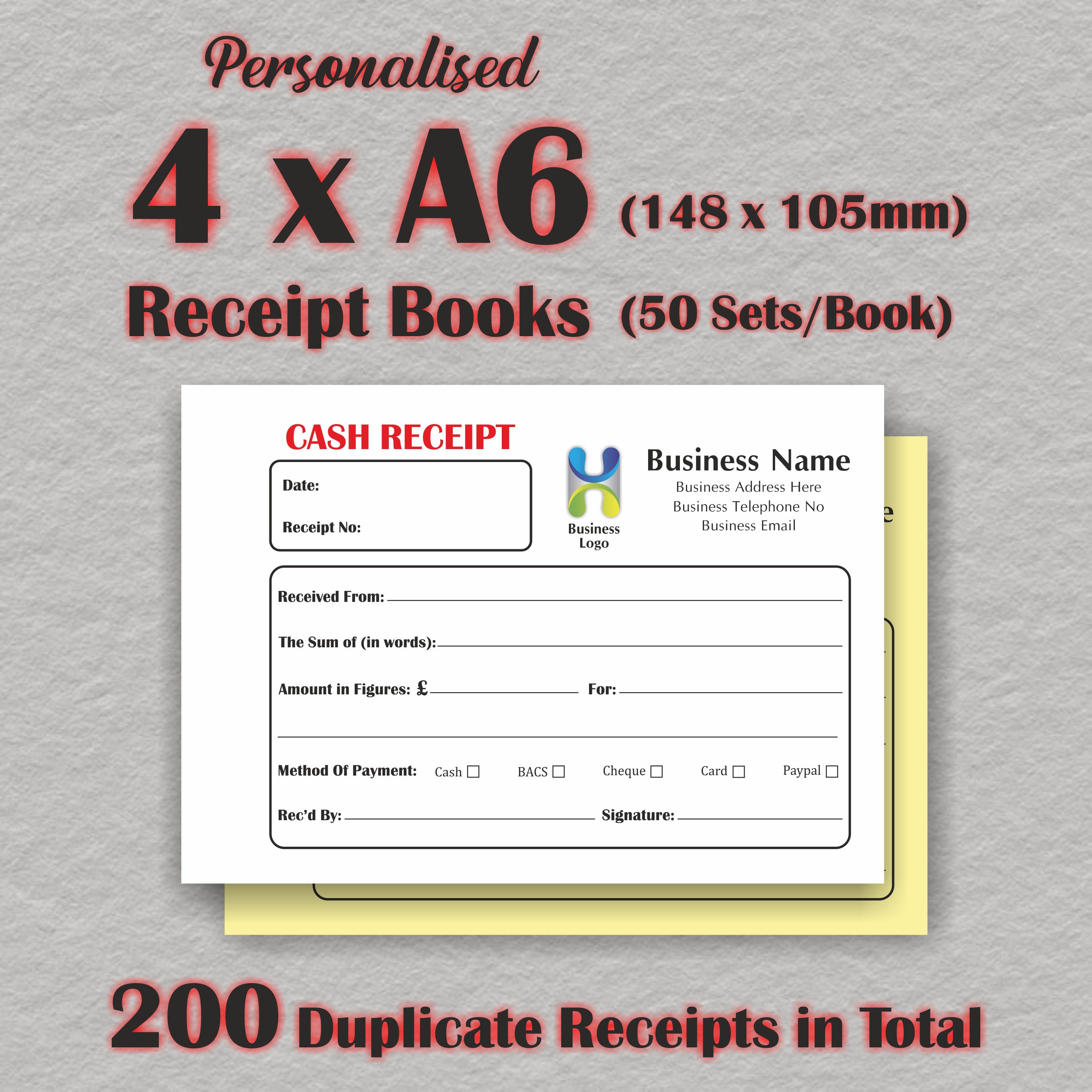 4 X A6 Personalised Duplicate Receipt Books/cash Receipts Full Colour ...