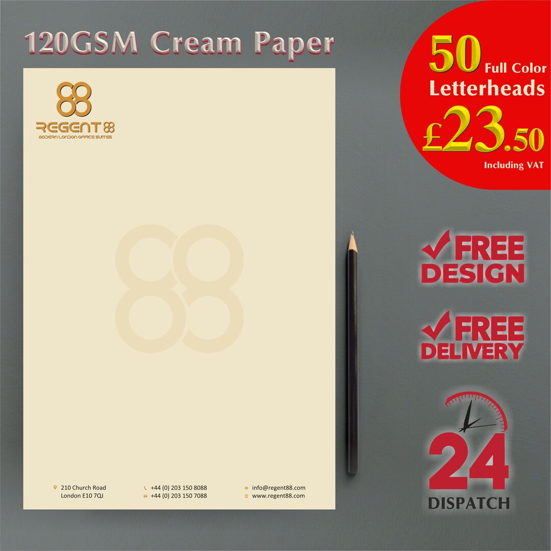 50 Custom Printed Letterheads, 120GSM Cream Paper, Full Color, Free ...