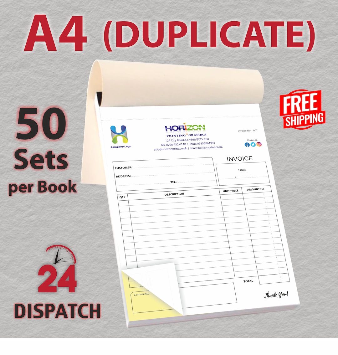Personalised A4 Duplicate Invoice Book / Receipt Book / NCR Pad 50 Sets ...