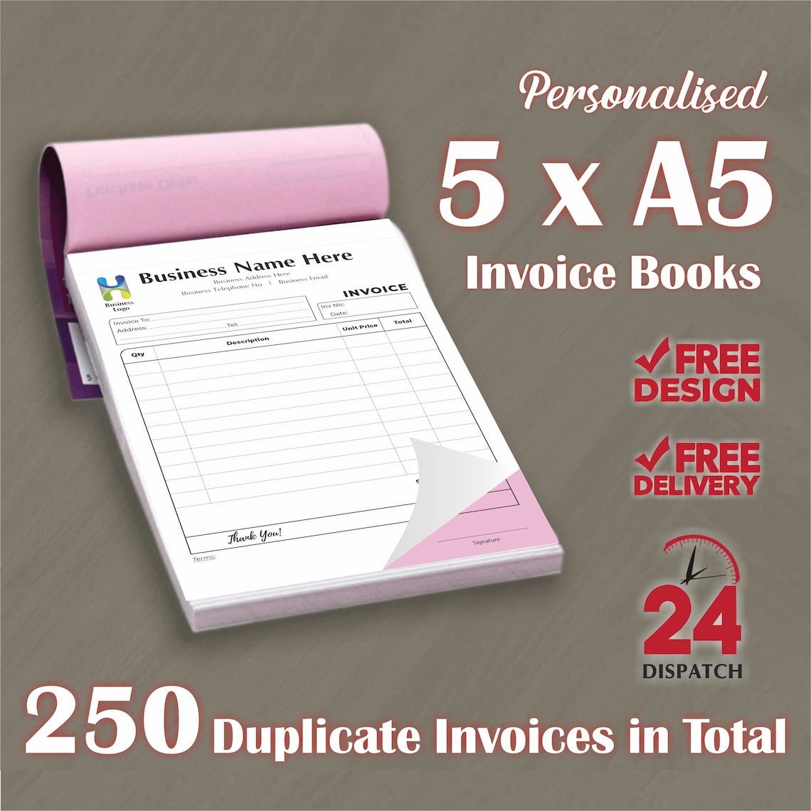 5 X A5 Personalised Duplicate Invoice Books / Bill Books / NCR Pads ...