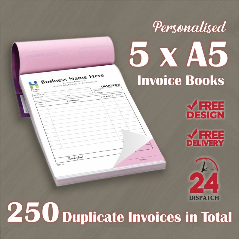 5 X A5 Personalised Duplicate Invoice Books / Bill Books / NCR Pads ...