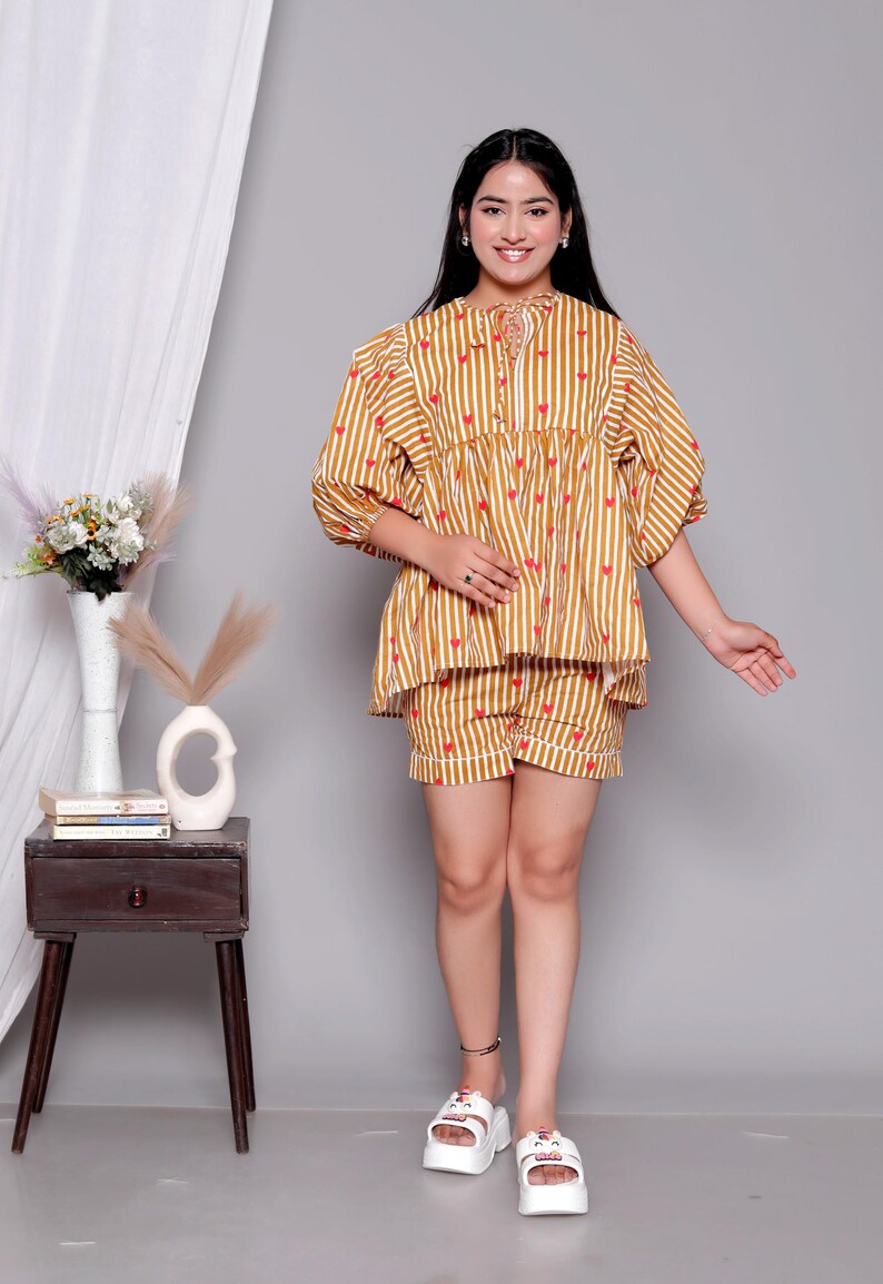 Cotton Heart Pattern Pajama Set, Mustard White Stripe Loungewear - Etsy