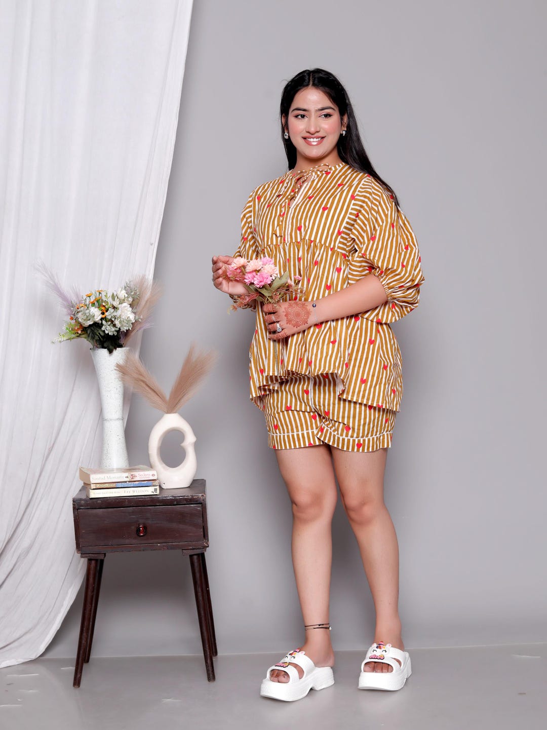 Cotton Heart Pattern Pajama Set, Mustard White Stripe Loungewear - Etsy