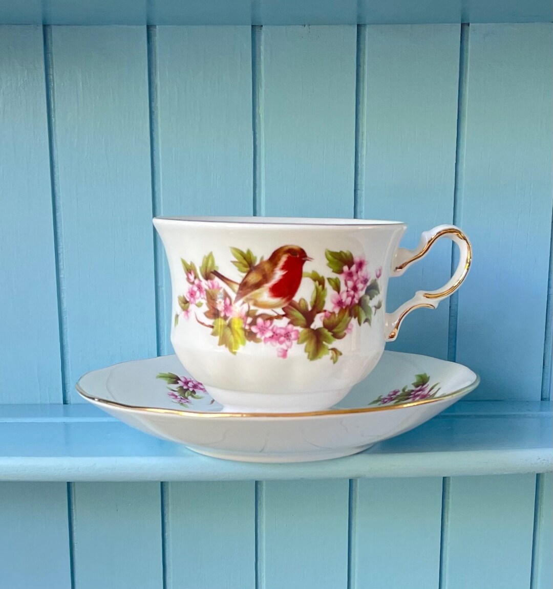Vintage Queen Anne Robin, Pink Floral Bone Tea Cup and Saucer, Antique ...